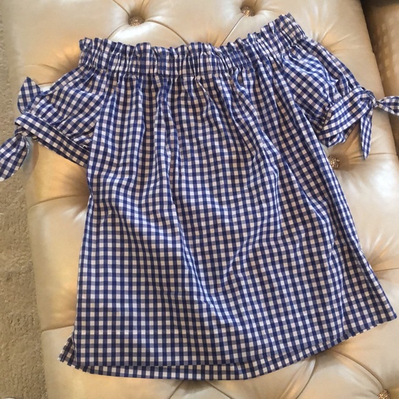 J. Crew | Tops | J Crew Off Shoulder Gingham Blue Shirt Op | Poshmark
